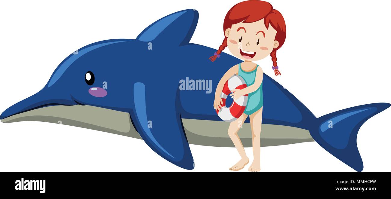 Kid and inflatable dolphin on white background illustration Stock ...