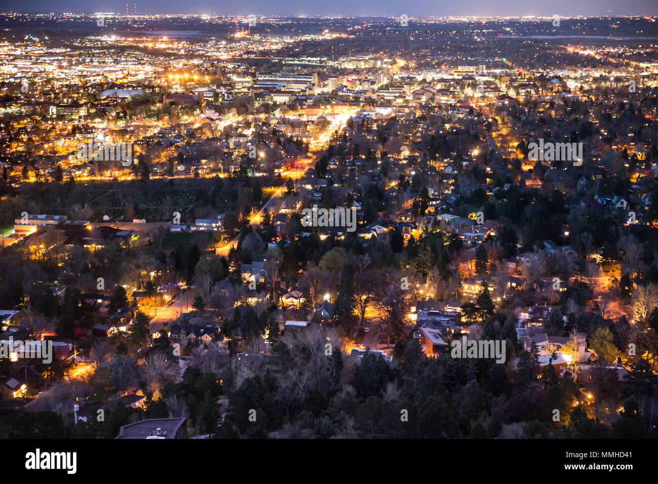 Beautiful Boulder Colorado seen at night from above with many lights ...