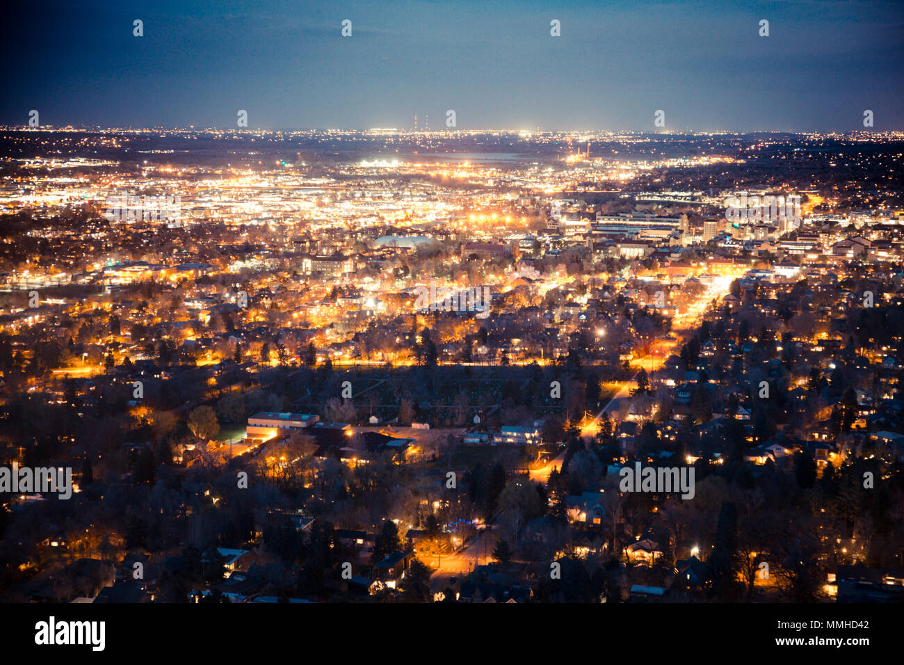Beautiful Boulder Colorado seen at night from above with many lights ...