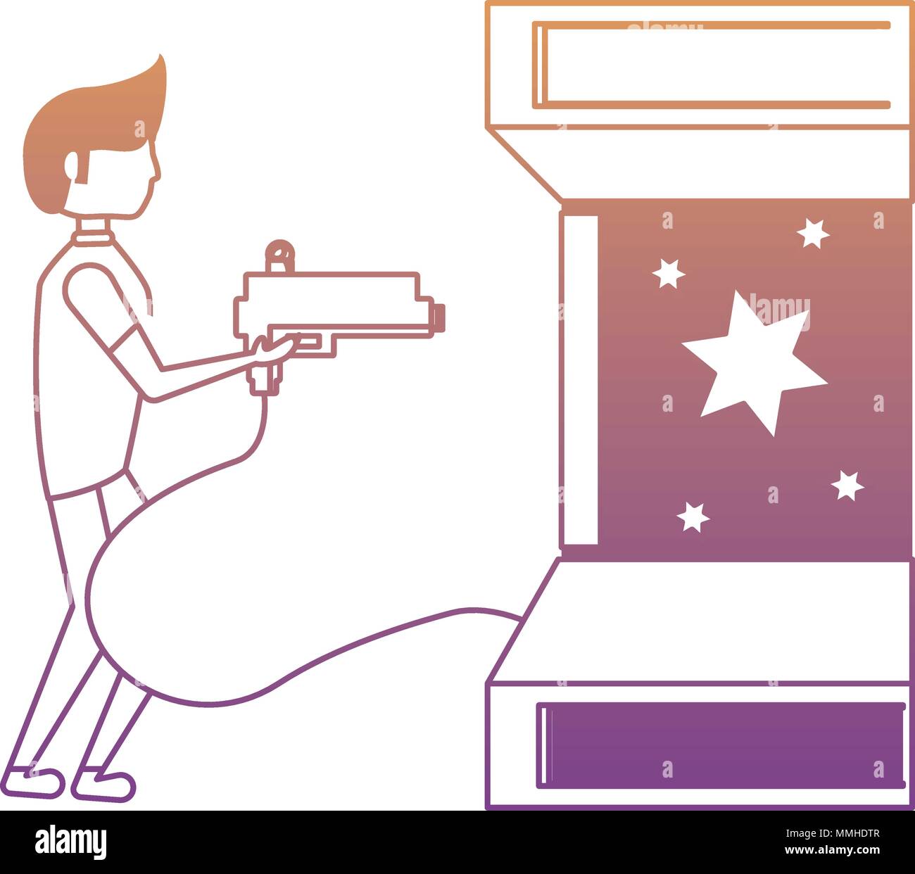boy playing on a light gun arcade machine icon over white background ...