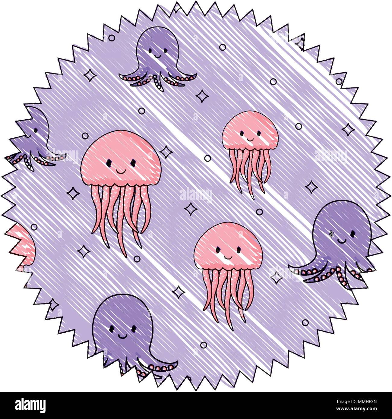 seal stamp with jellyfish and octopus pattern over white background ...