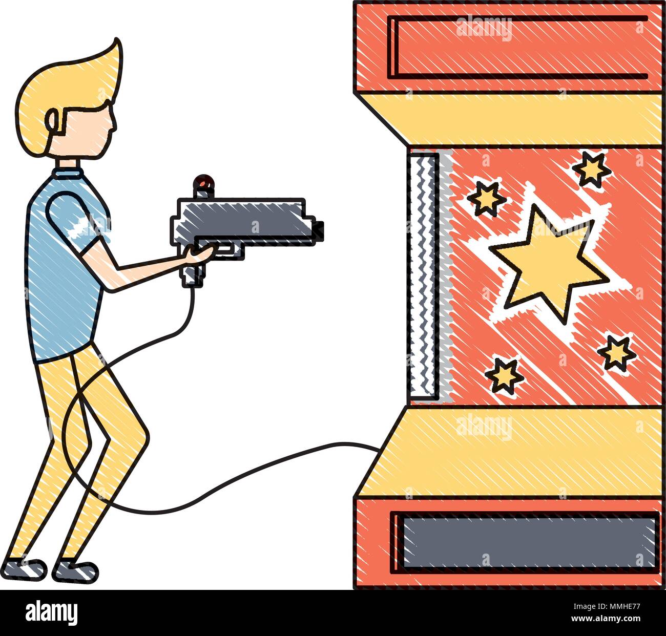 boy playing on a light gun arcade machine icon over white background ...