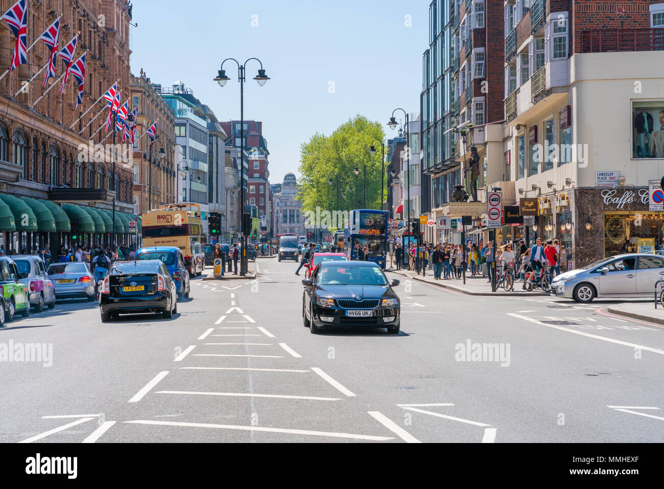 LONDON MAY 05, 2018: View of Brompton Road in in Knightsbridge. There ...