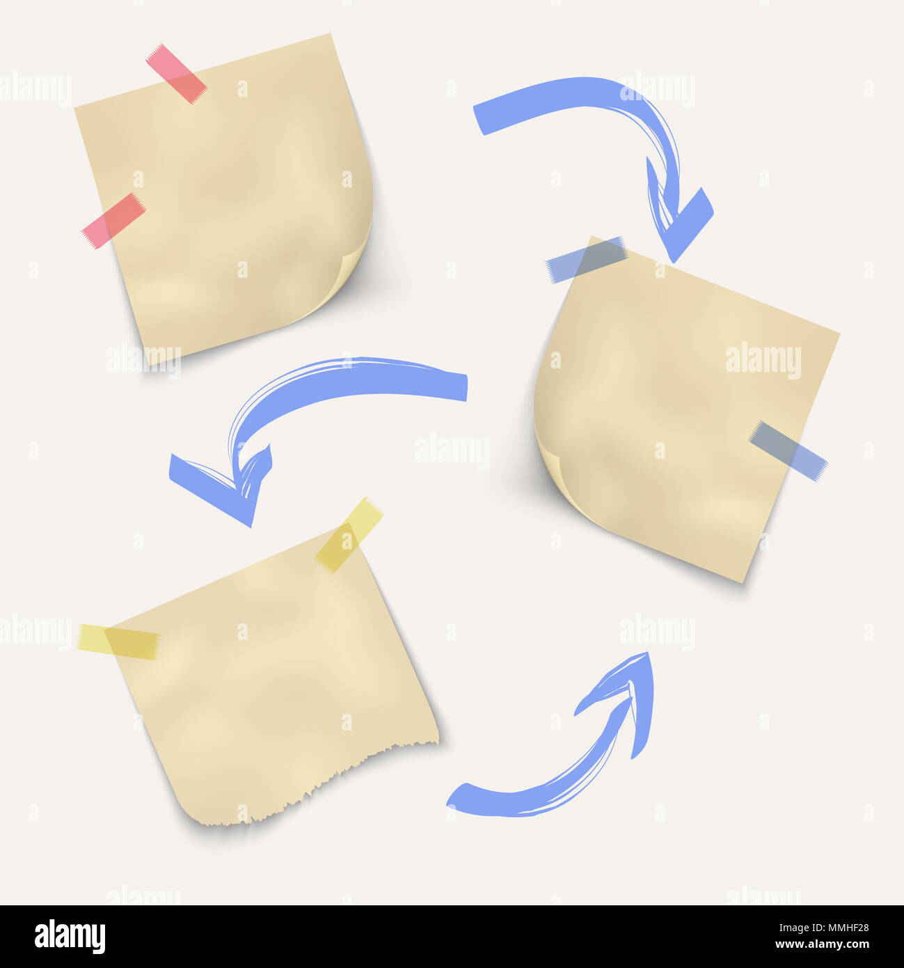 Crumpled sheets of paper for notes square shape with marker blue arrows ...