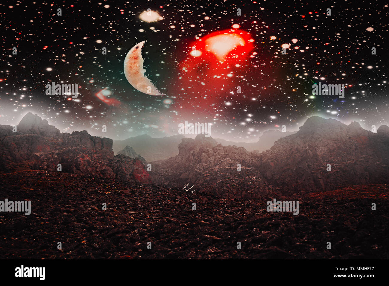 Space imagination. Lifeless rocky spaces of another planet. Planet of ...