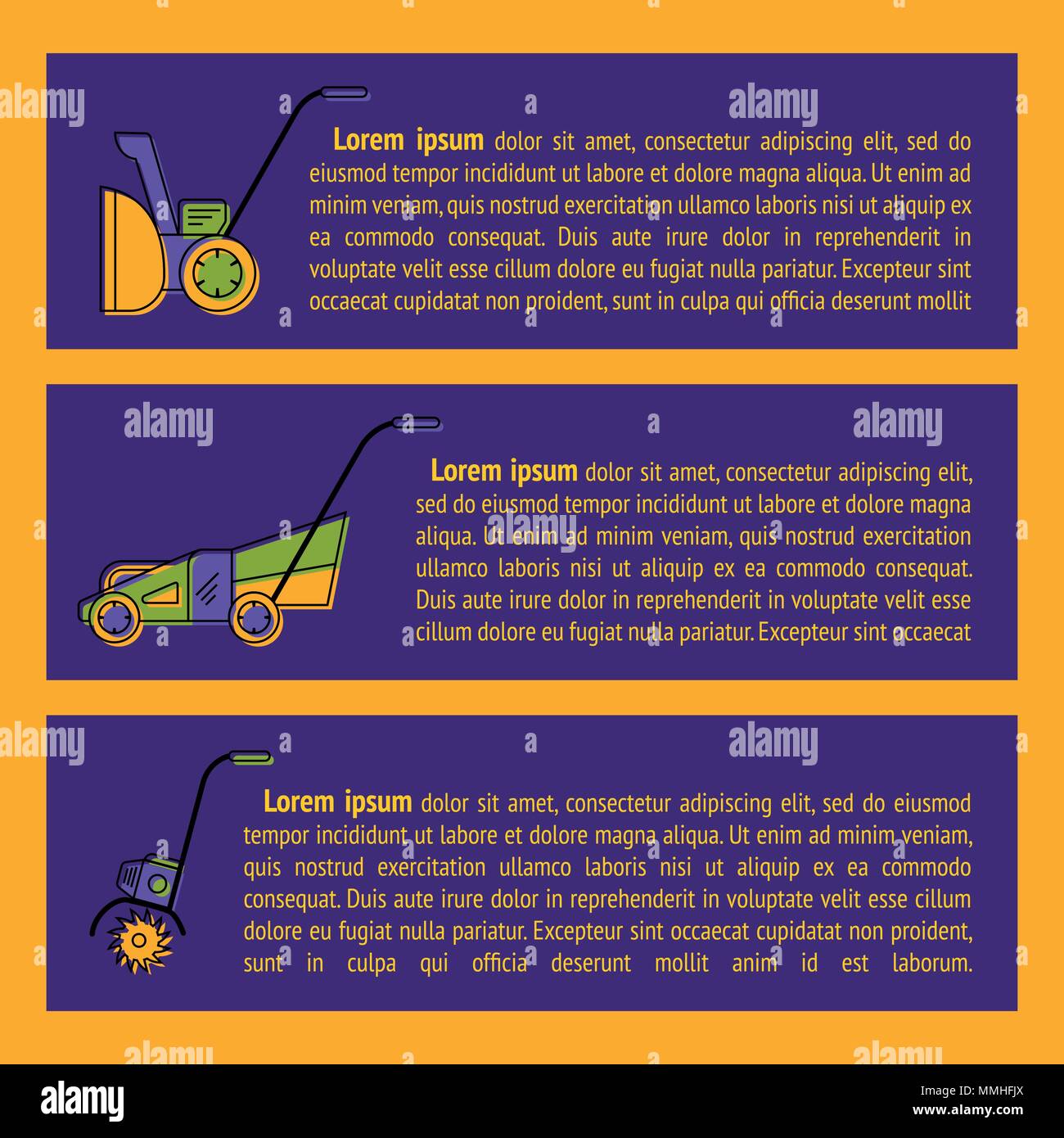 Icons of gardening power tools for flyer or leaflet. Technique for ...