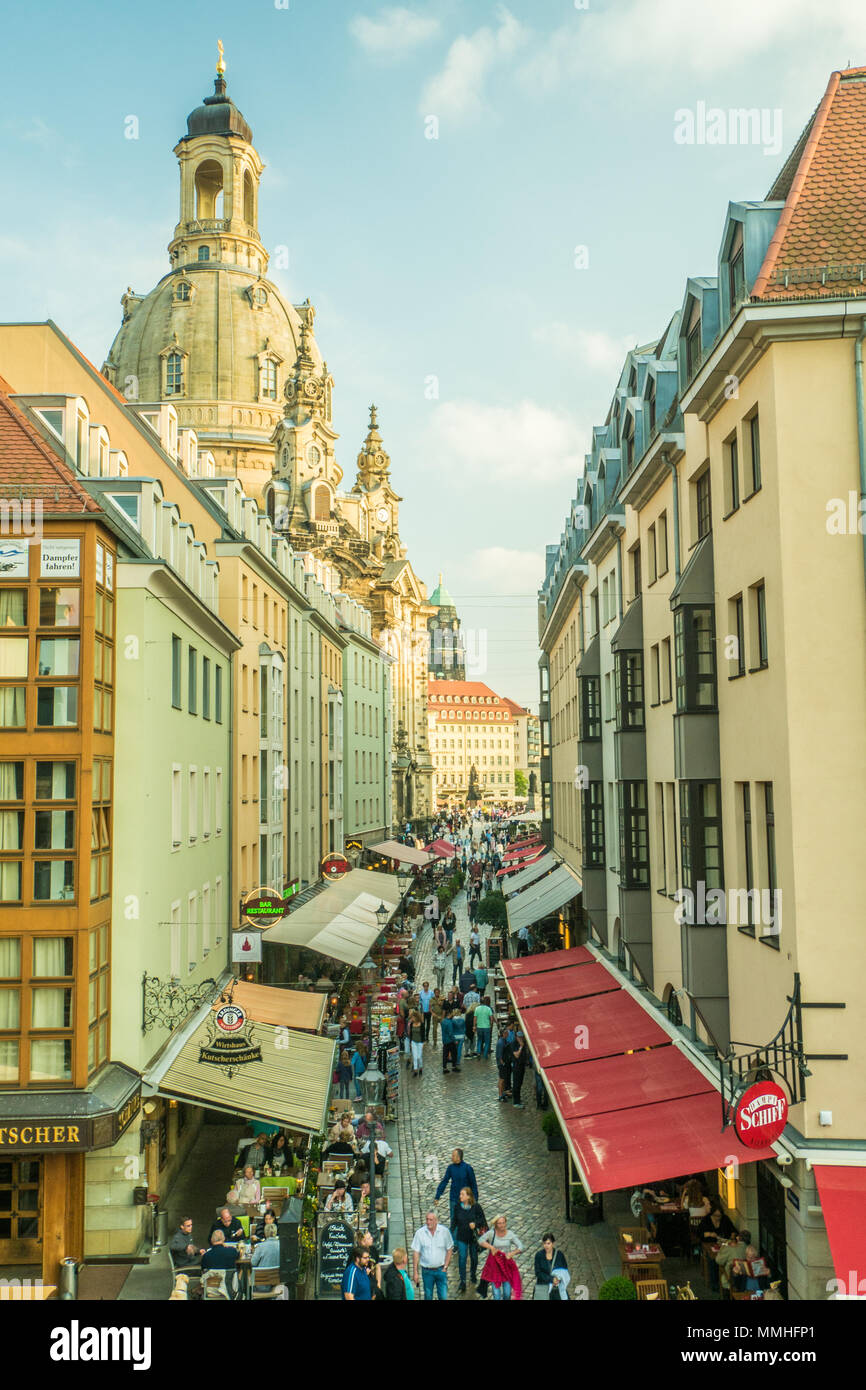 Dresden street and the dome of the Church of Our Lady seen from the ...
