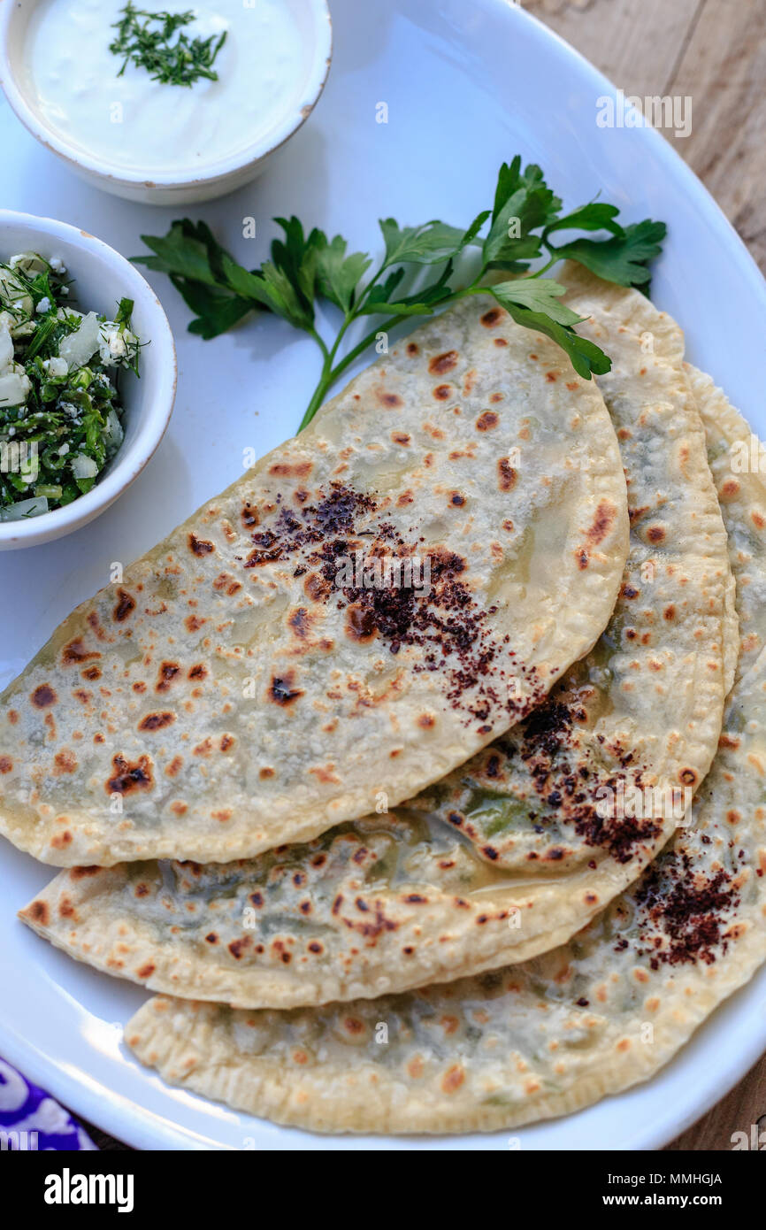 traditional Azerbaijani cuisine. Upper view shot of qutabs flatbread ...