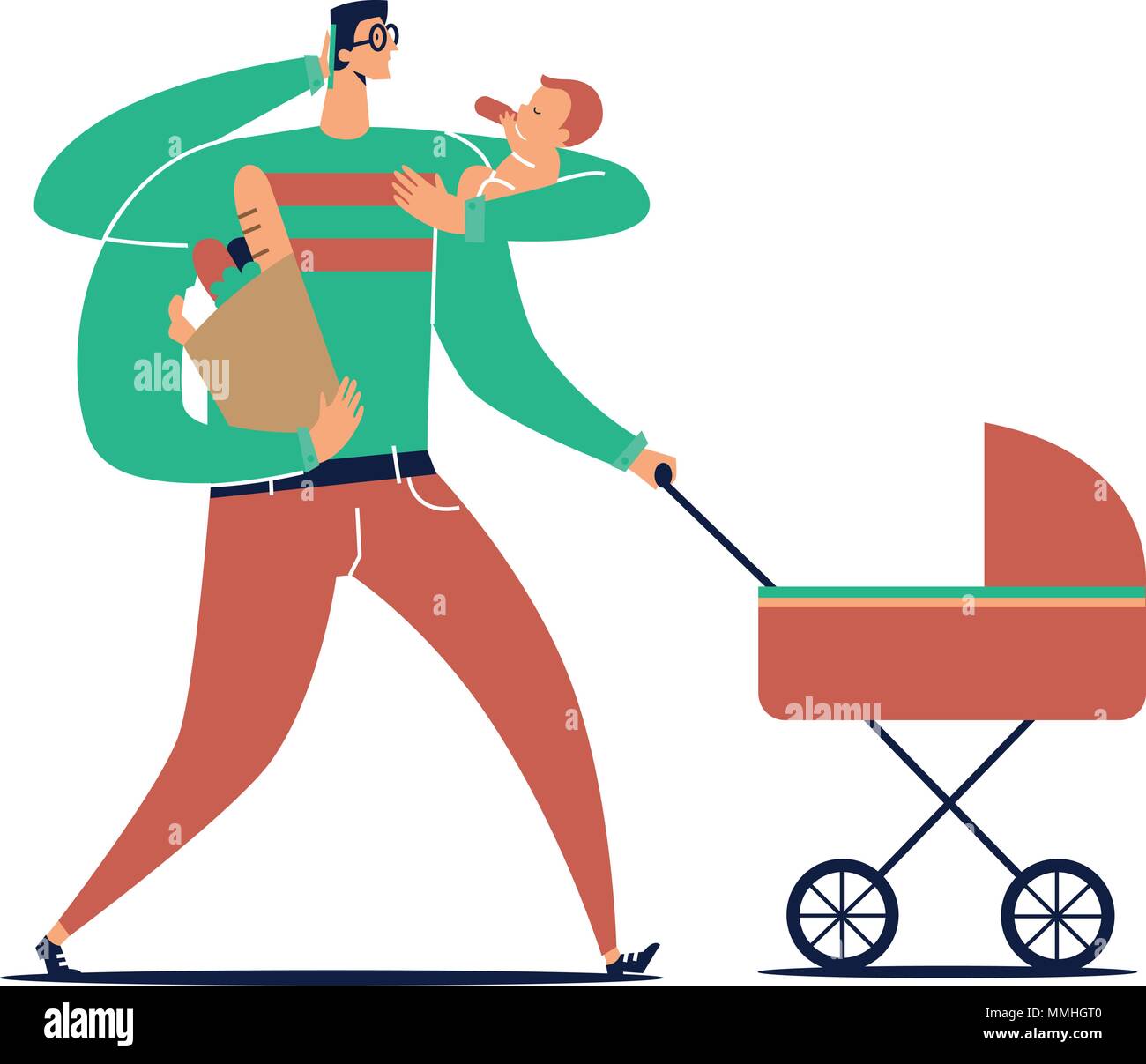 Male cartoon character with many hands carries child, stroller, bag ...