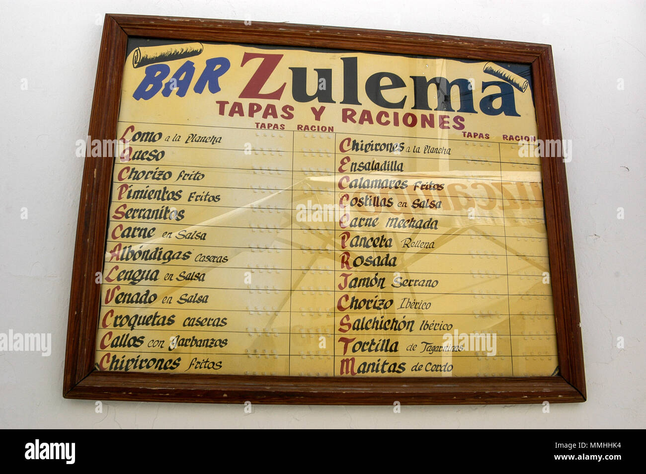 A Tapas menu display board at one of the restaurants in the mountain ...