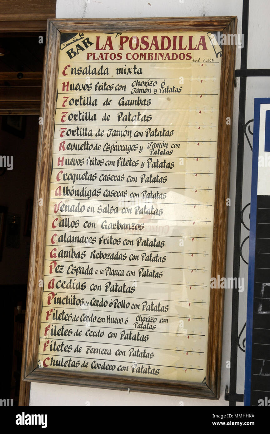 A Spanish menu display board at one of the restaurants in the mountain ...