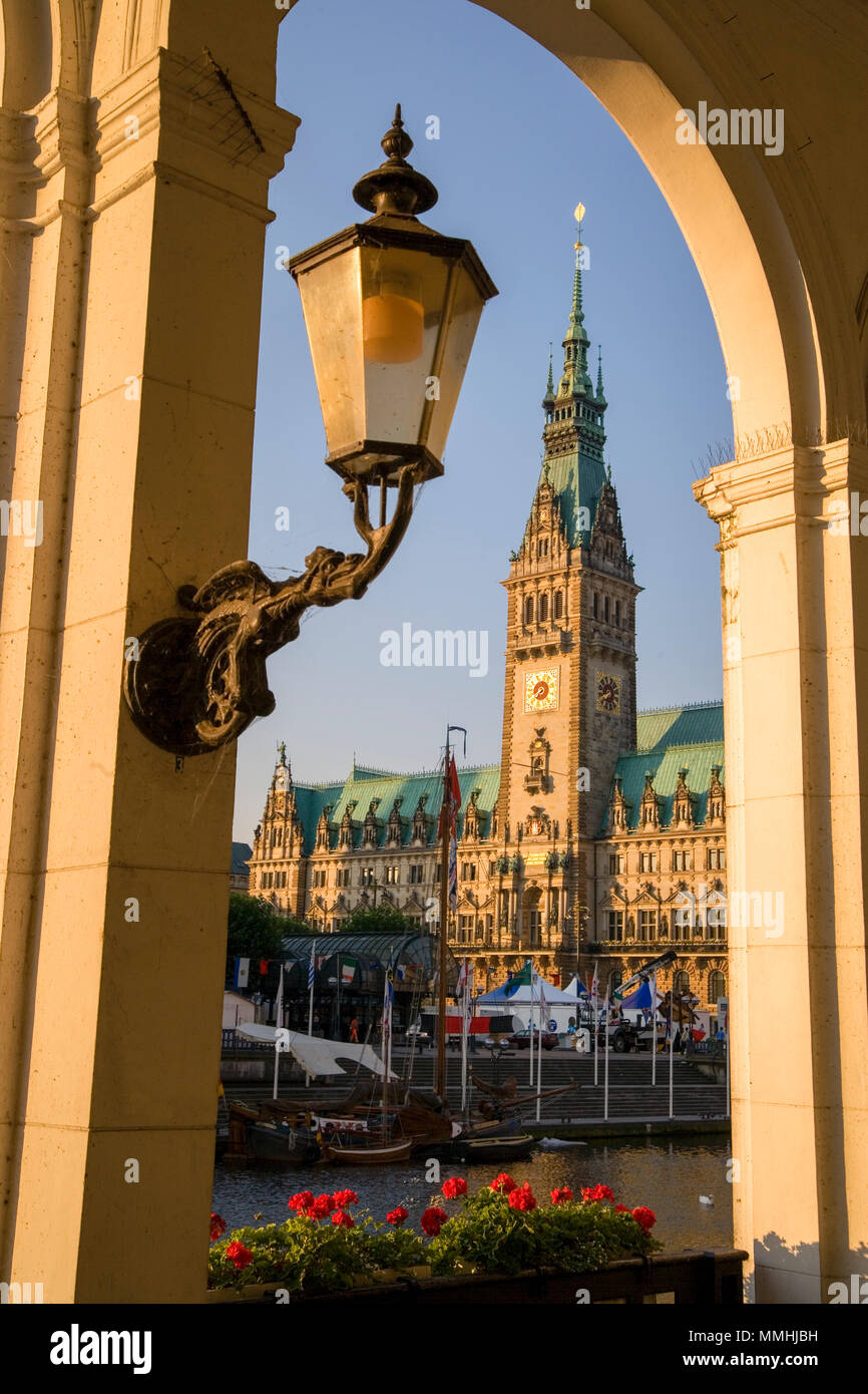 Hamburg, Germany; View of the Rathaus (Town Hall) from the Alster ...