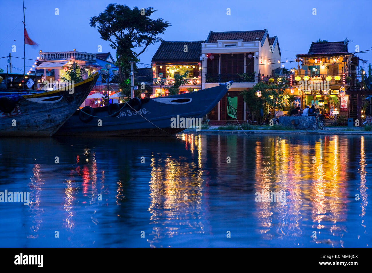 Hoi An, Vietnam; Bach Dang waterfront at dusk, Thu Bon River Stock ...