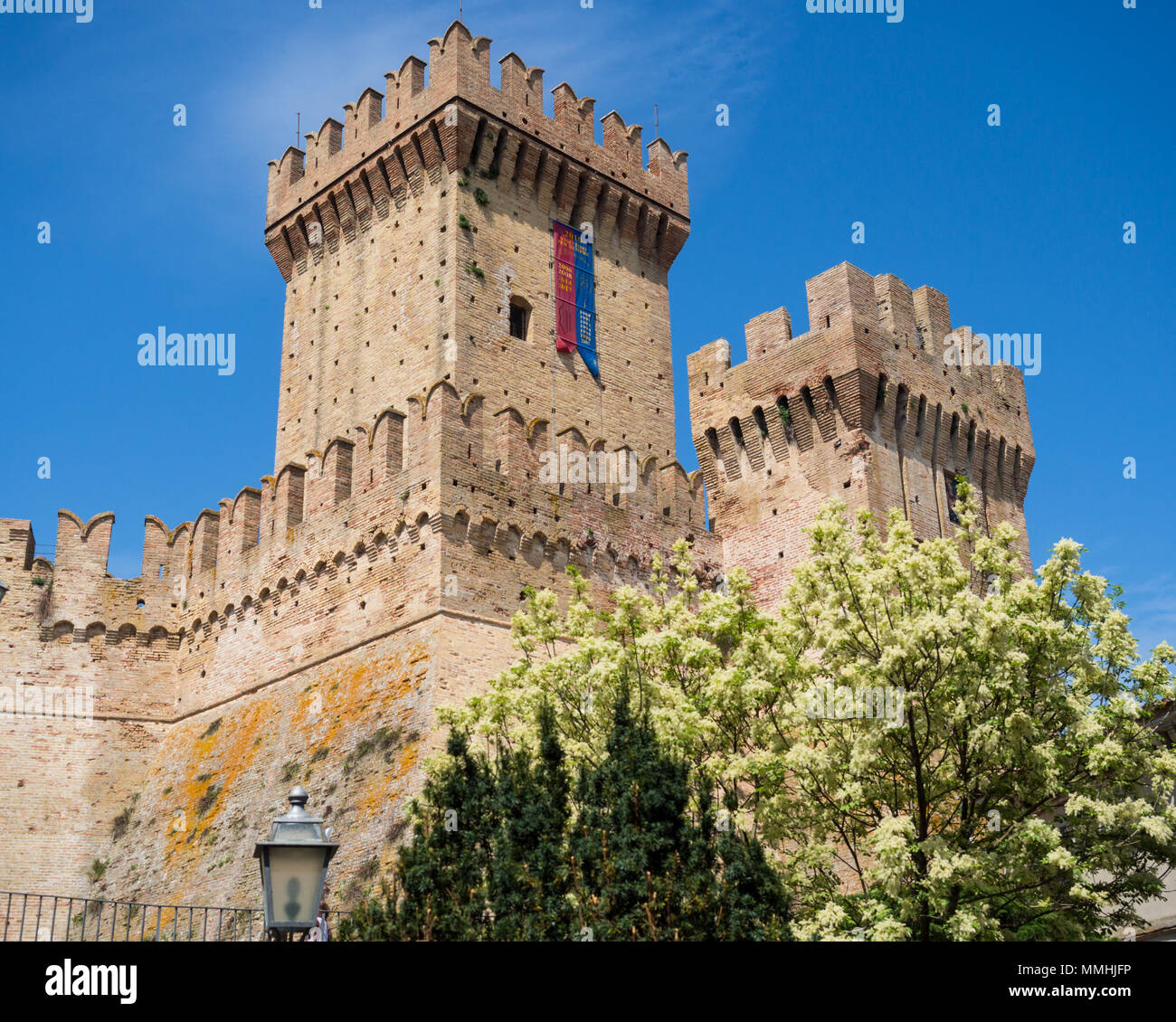 Offagna, Italy - April 29, 2018: View of the main tower of the medieval ...