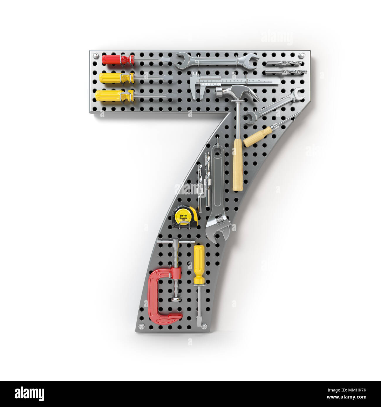 Number 7 seven. Alphabet from the tools on the metal pegboard isolated ...