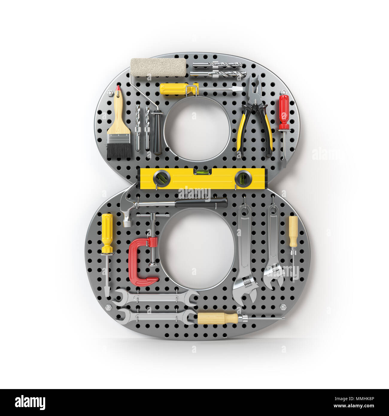 Number 8 eight. Alphabet from the tools on the metal pegboard isolated ...