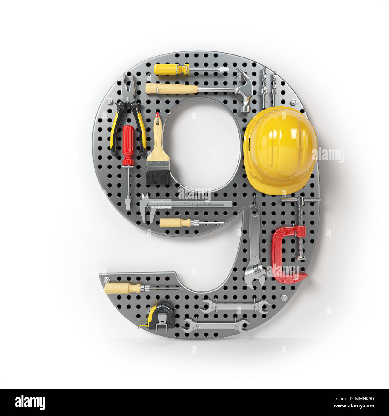 Number 9 nine. Alphabet from the tools on the metal pegboard isolated ...
