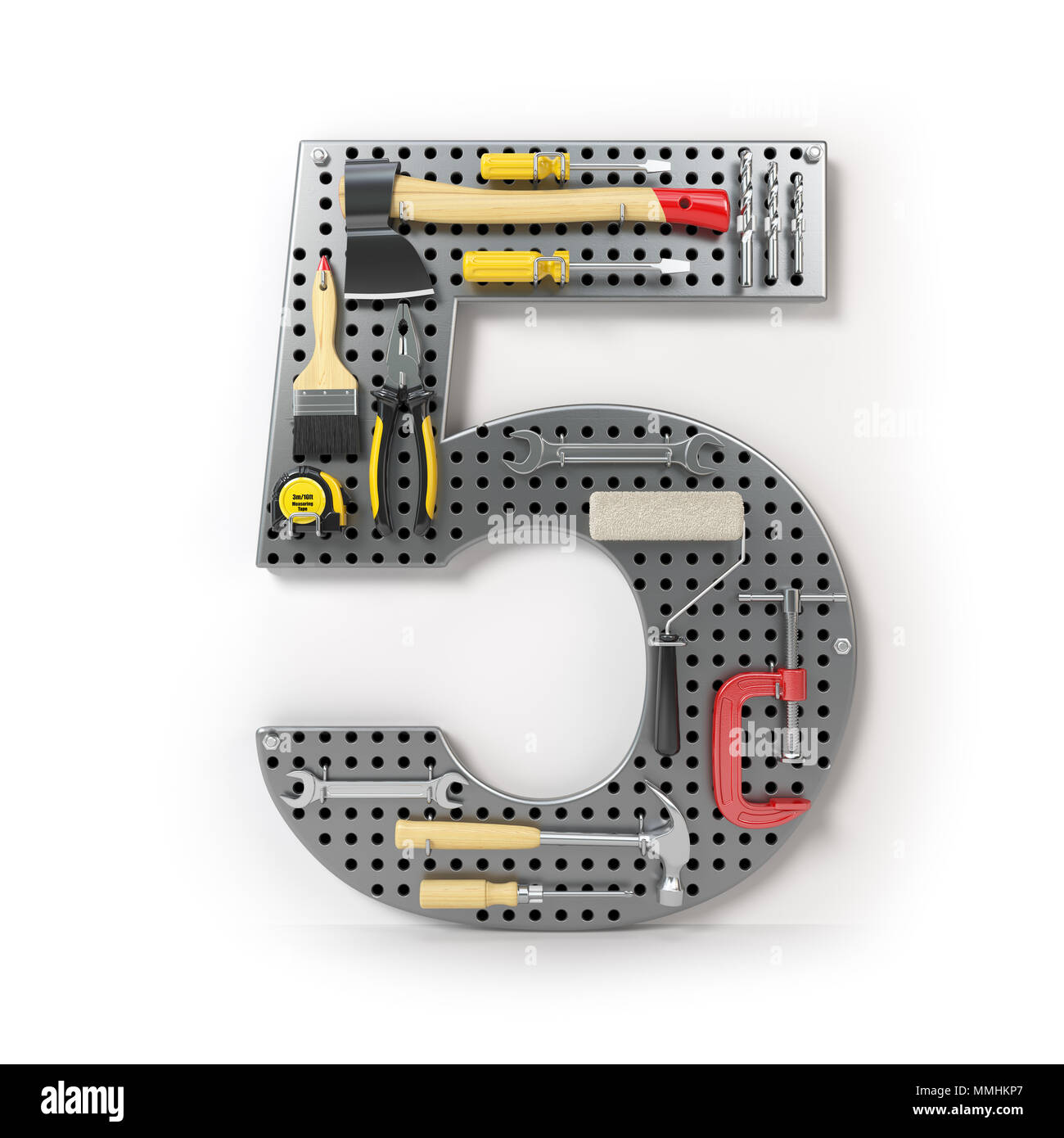 Number 5 five. Alphabet from the tools on the metal pegboard isolated ...