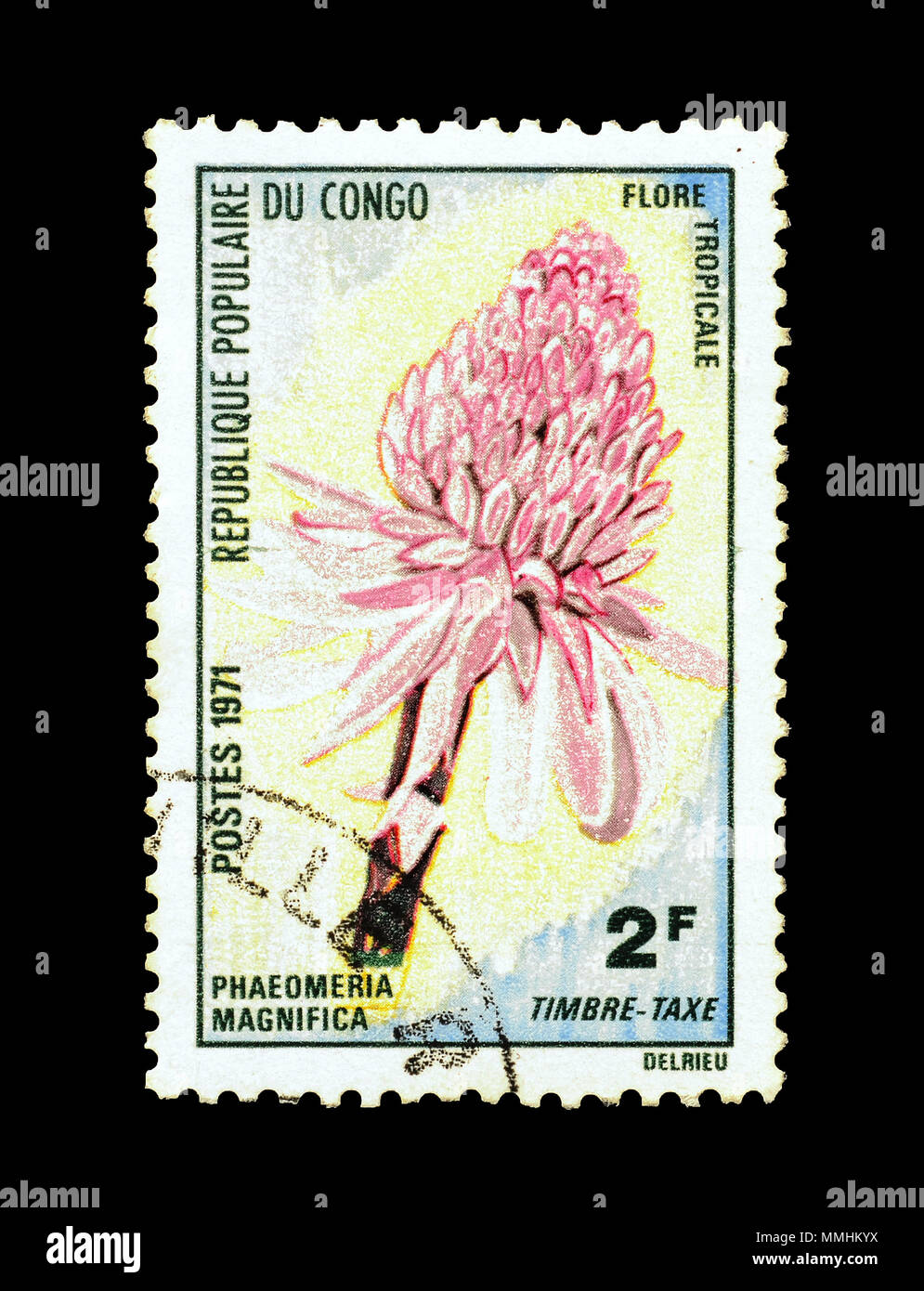 Cancelled postage stamp printed by Congo, that shows Red Ginger Lily ...