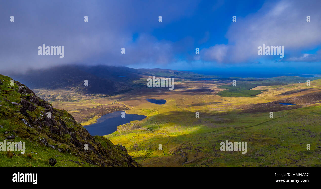 Awesome wide angle aerial view over Dingle Peninsula from Connor Pass ...