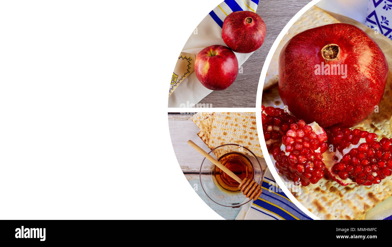 Pomegranate, apple and honey jewish New Year celebration, Shofar and ...