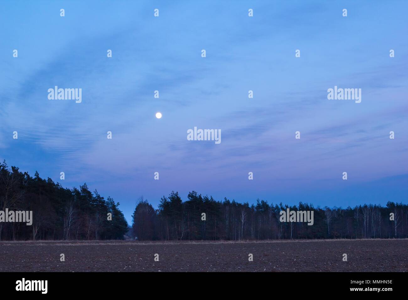 Moon over field in spring. Colorful evening sky with moon over fields ...