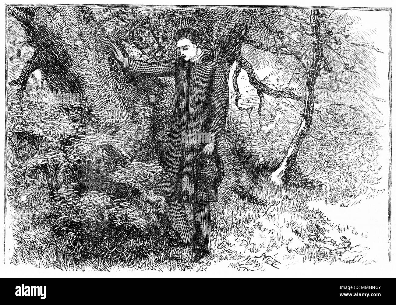 Engraving of a young man deep in thought. From an original engraving in ...