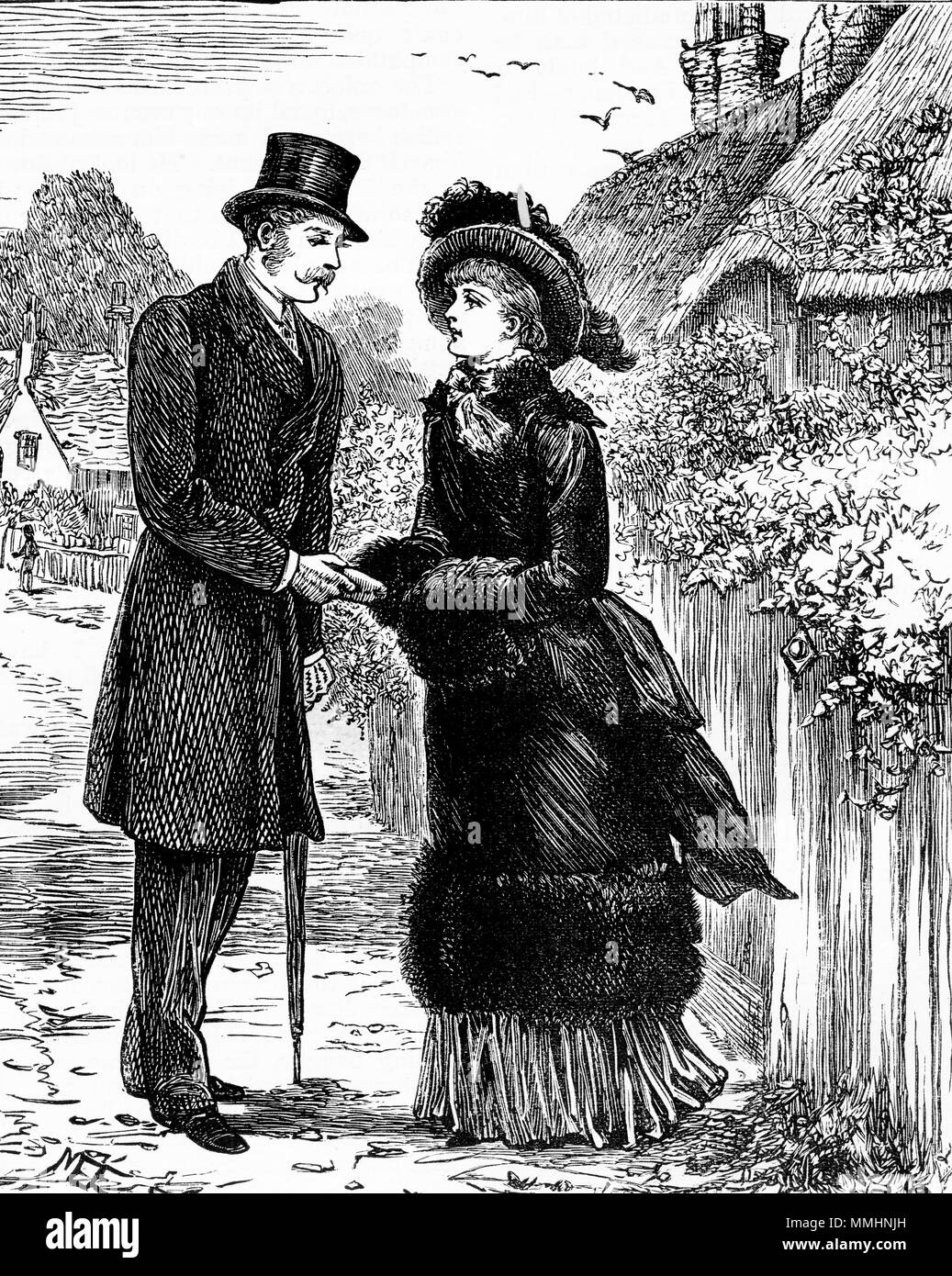 Engraving of a Victorian couple meeting on the street. From an original ...