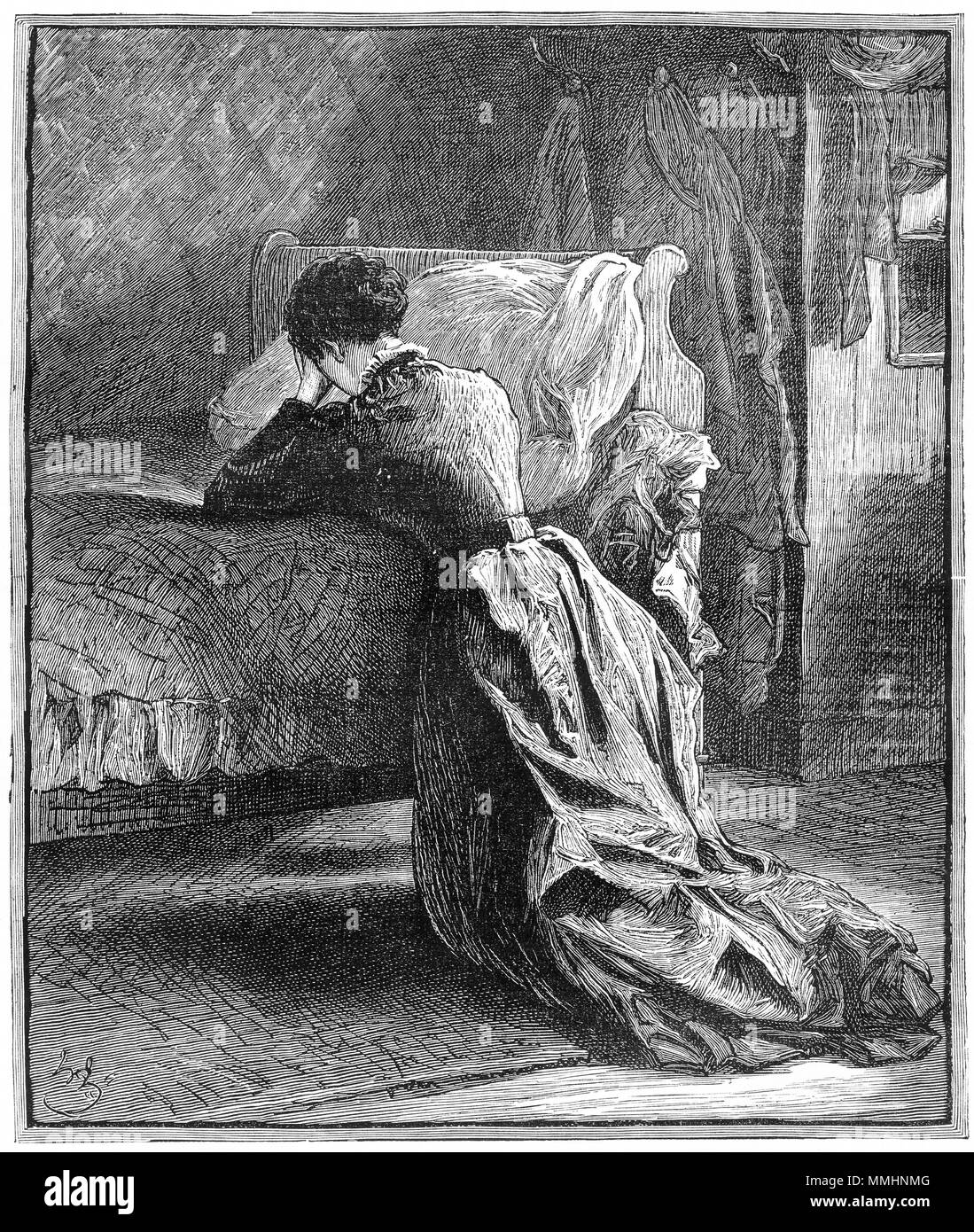 Engraving of a young woman praying beside her bed. From an original ...