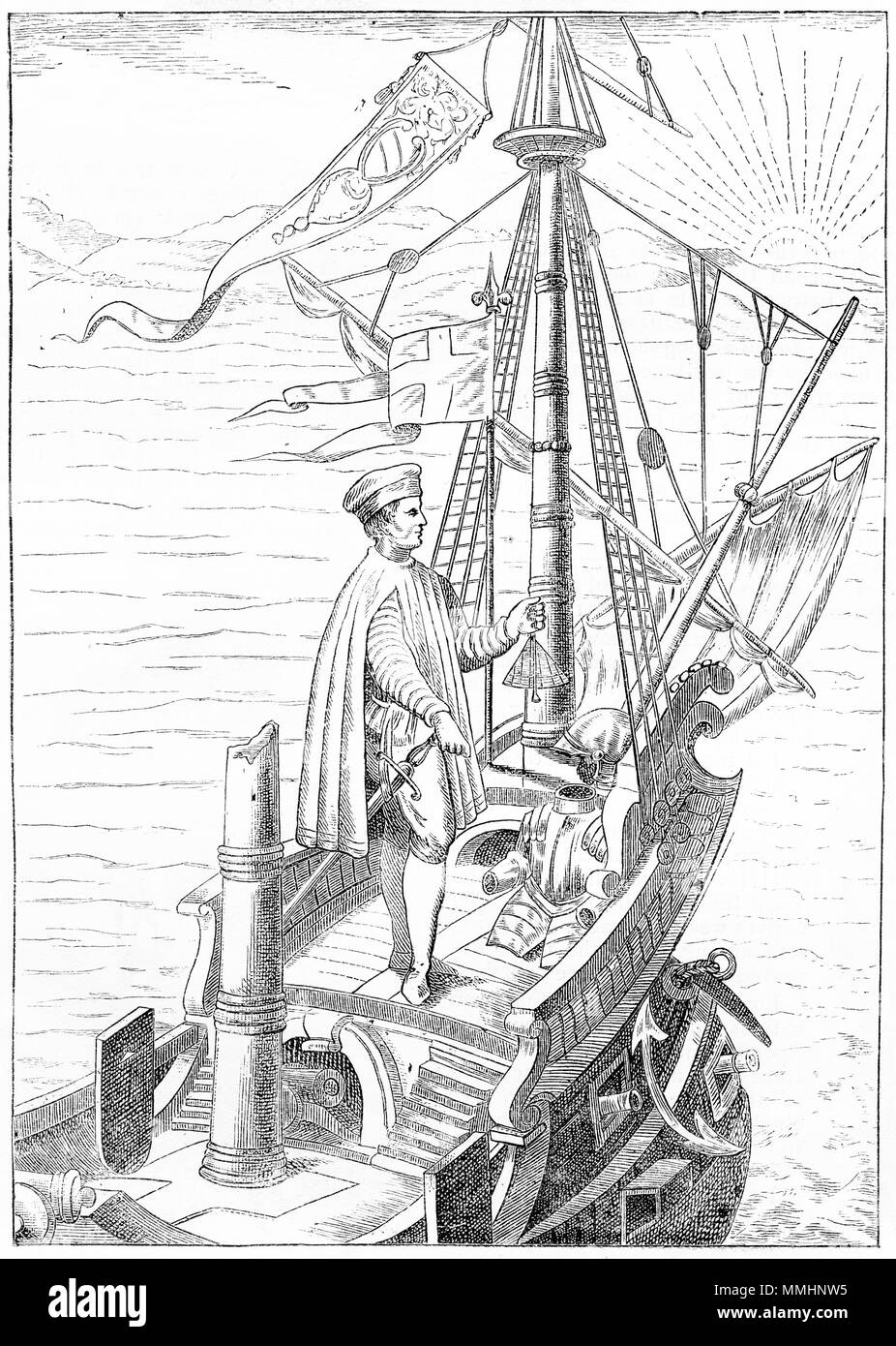 Engraving of Christopher Columbus sailing in the New World. From an ...