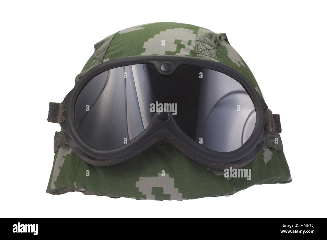 kevlar helmet with camouflage cover and protective goggles Stock Photo ...