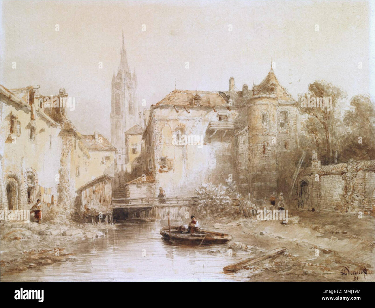 . English: A view of a town with a bell tower 25 x 33 cm. signed and ...