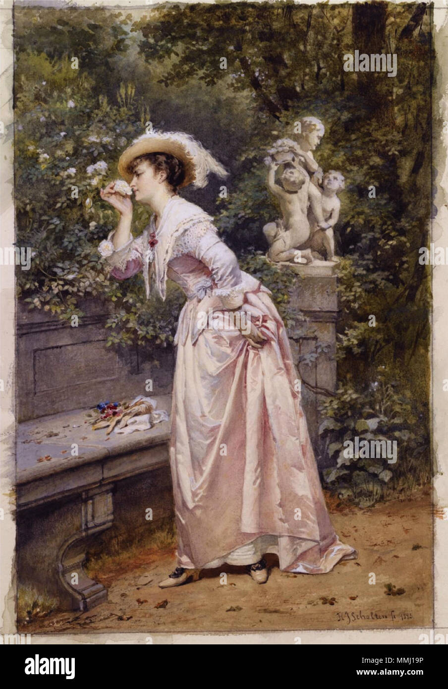 . English: An elegant lady smelling roses signed and dated 1883 l.r ...