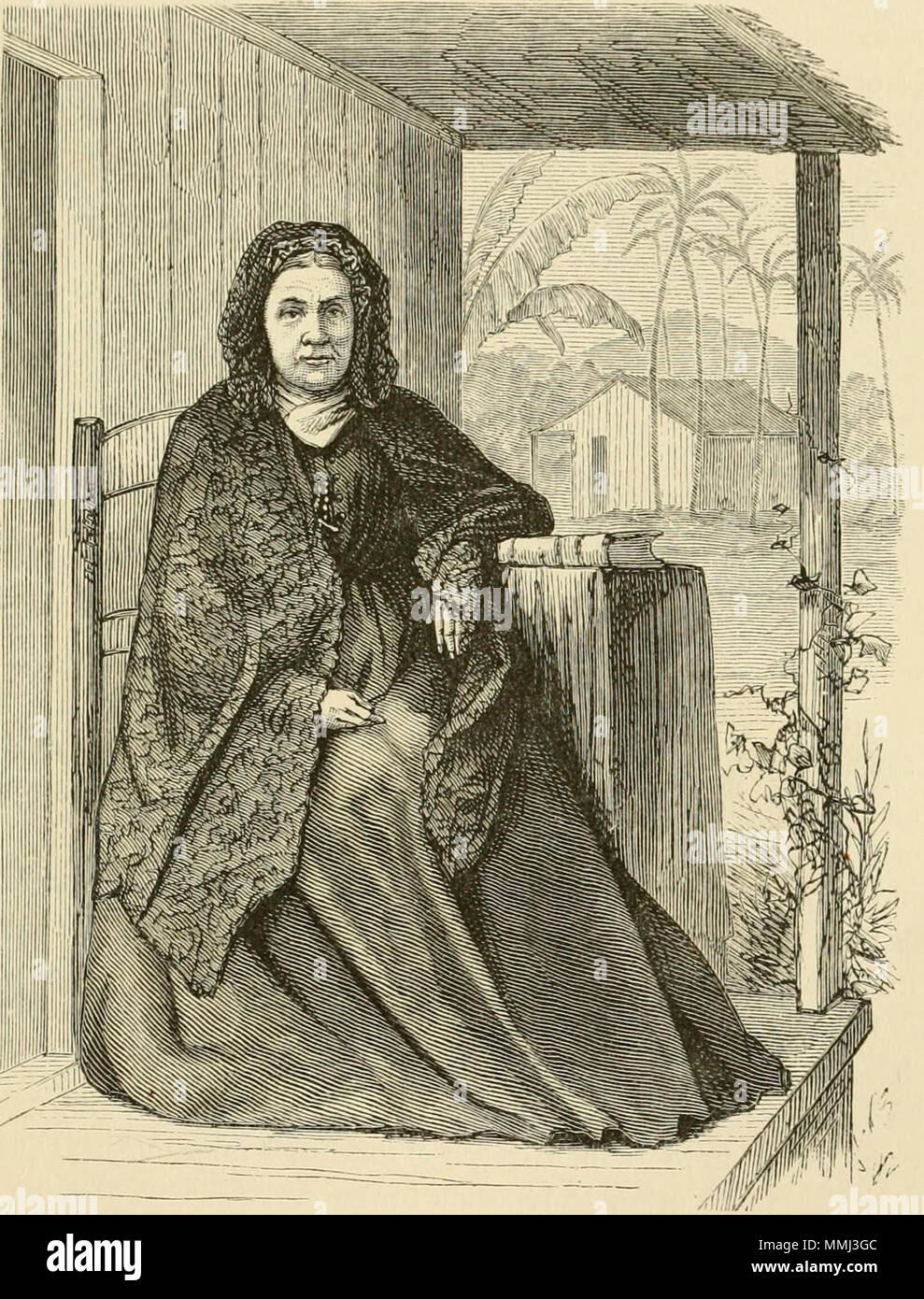 . English: Drawing of Mrs. Lucy G. Thurston (1795–1876) on the lanai of ...