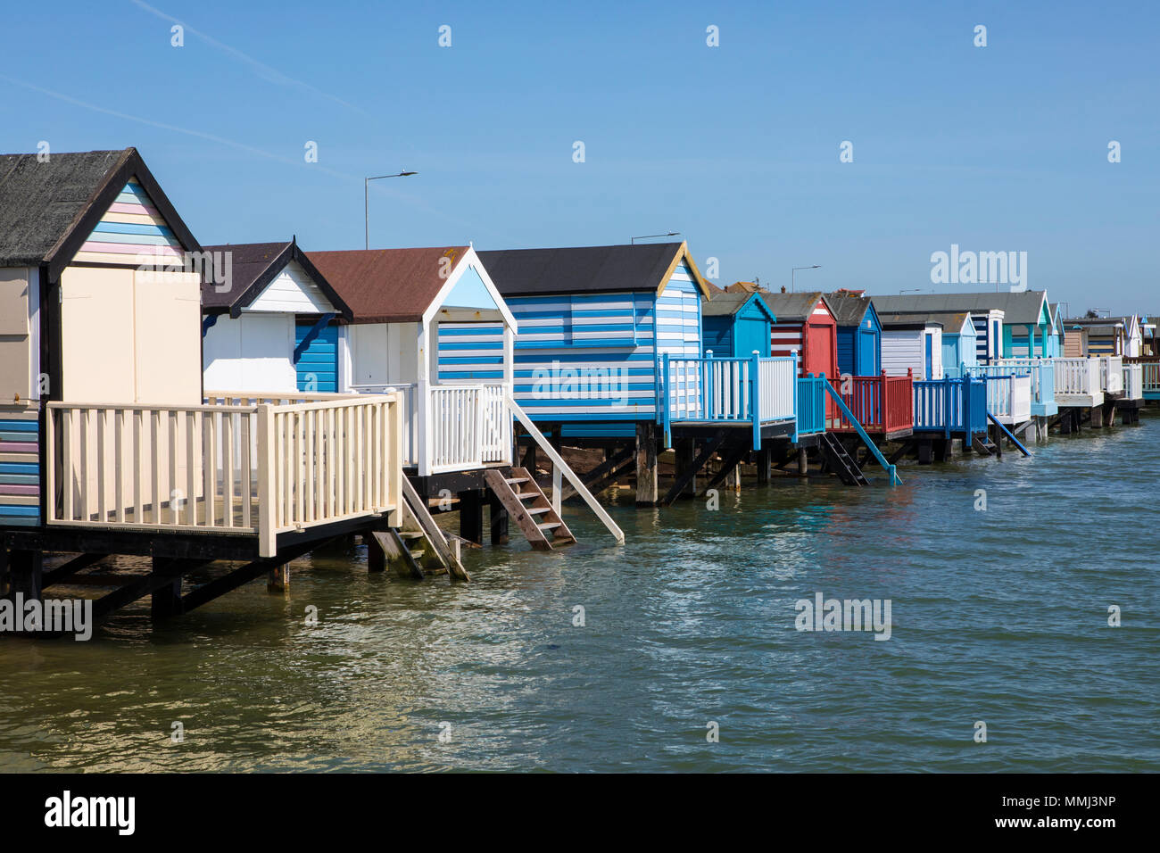 A view of the Beach Huts at Thorpe Bay in Southend-on-Sea in Essex ...