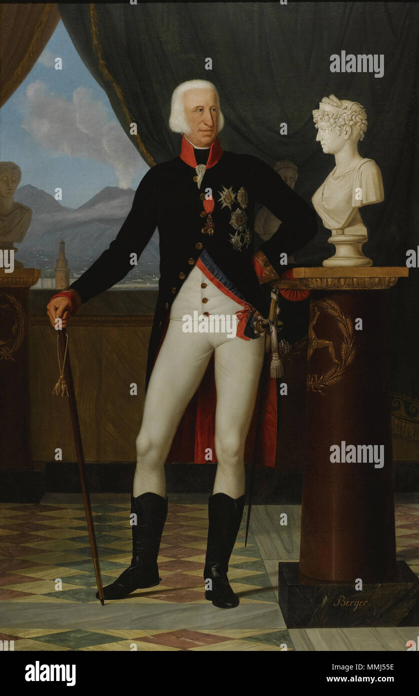 . English: Ferdinand I, king of the Two Sicilies, with a bust of his ...