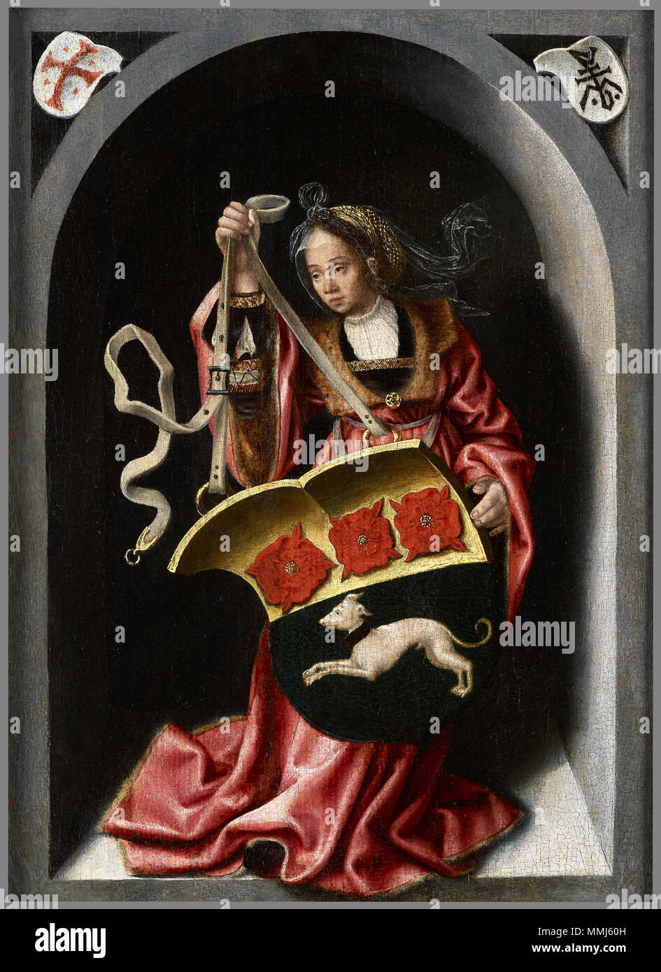 . English: Lady holding an heraldic shield within a painted niche ...