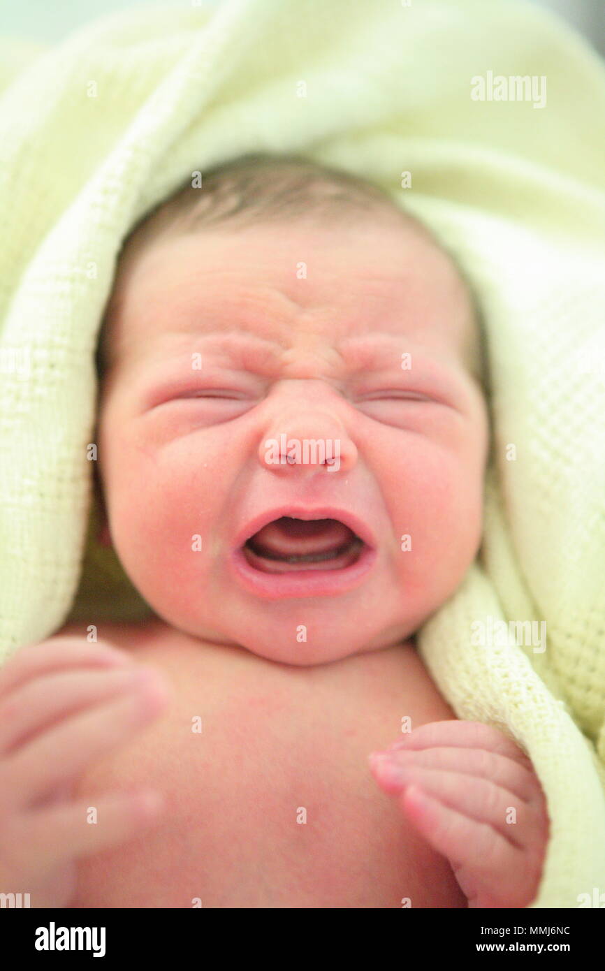 A new born mouth open in mid cry Stock Photo - Alamy