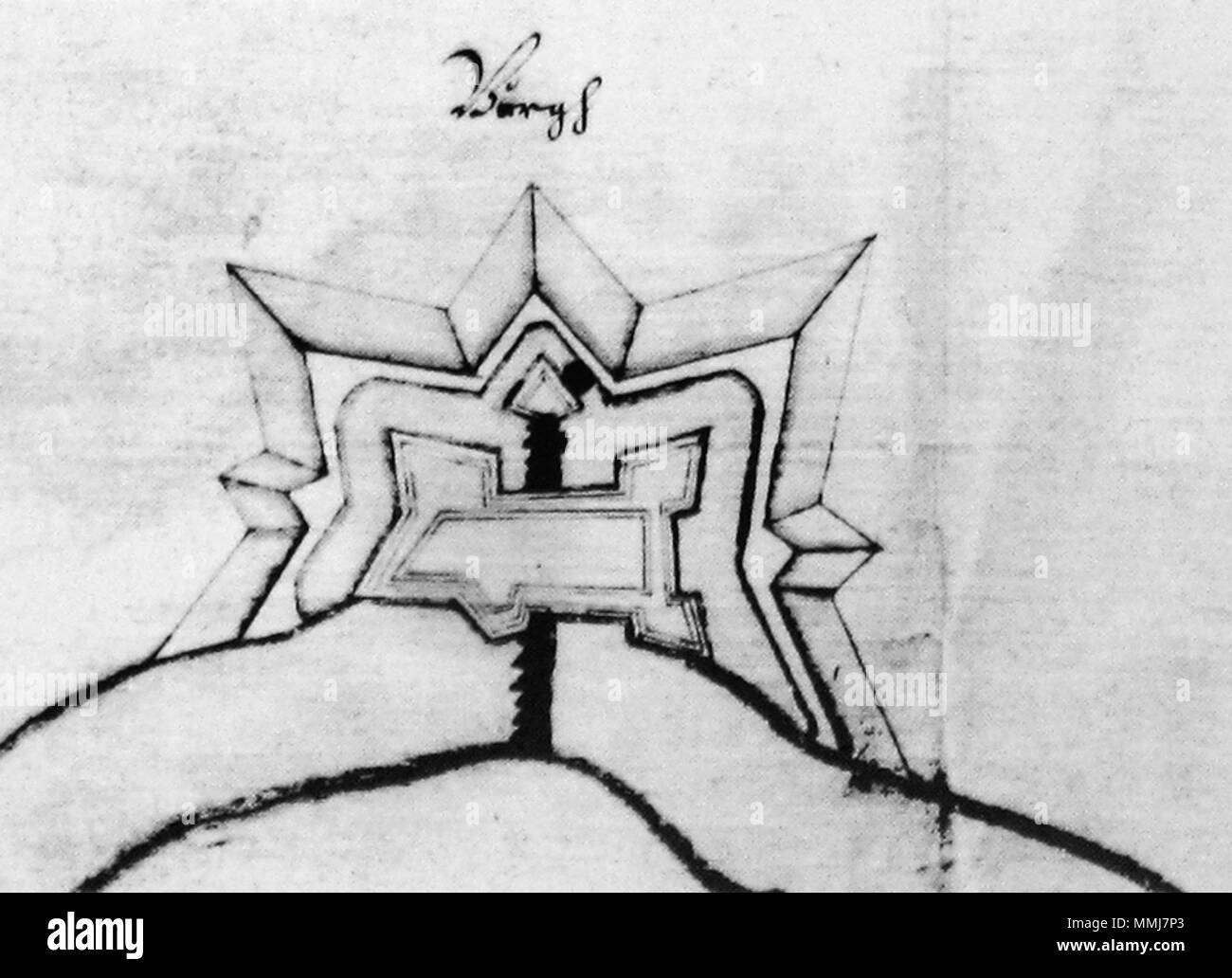. English: Drawing of the Burger Schanze (“Sconce of Burg”) at the ...