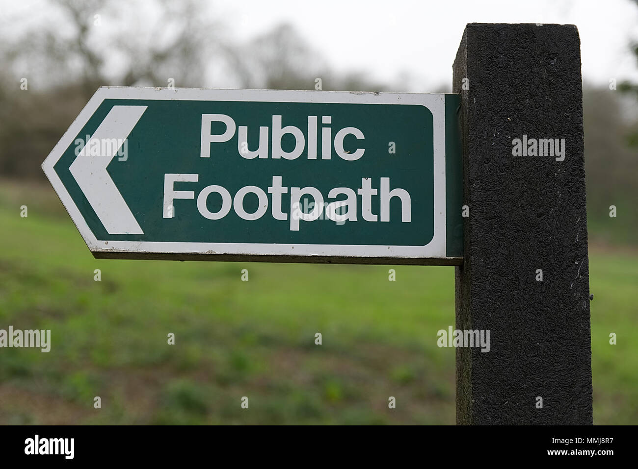 Green and white Public Footpath sign with arrow on a black signpost and ...