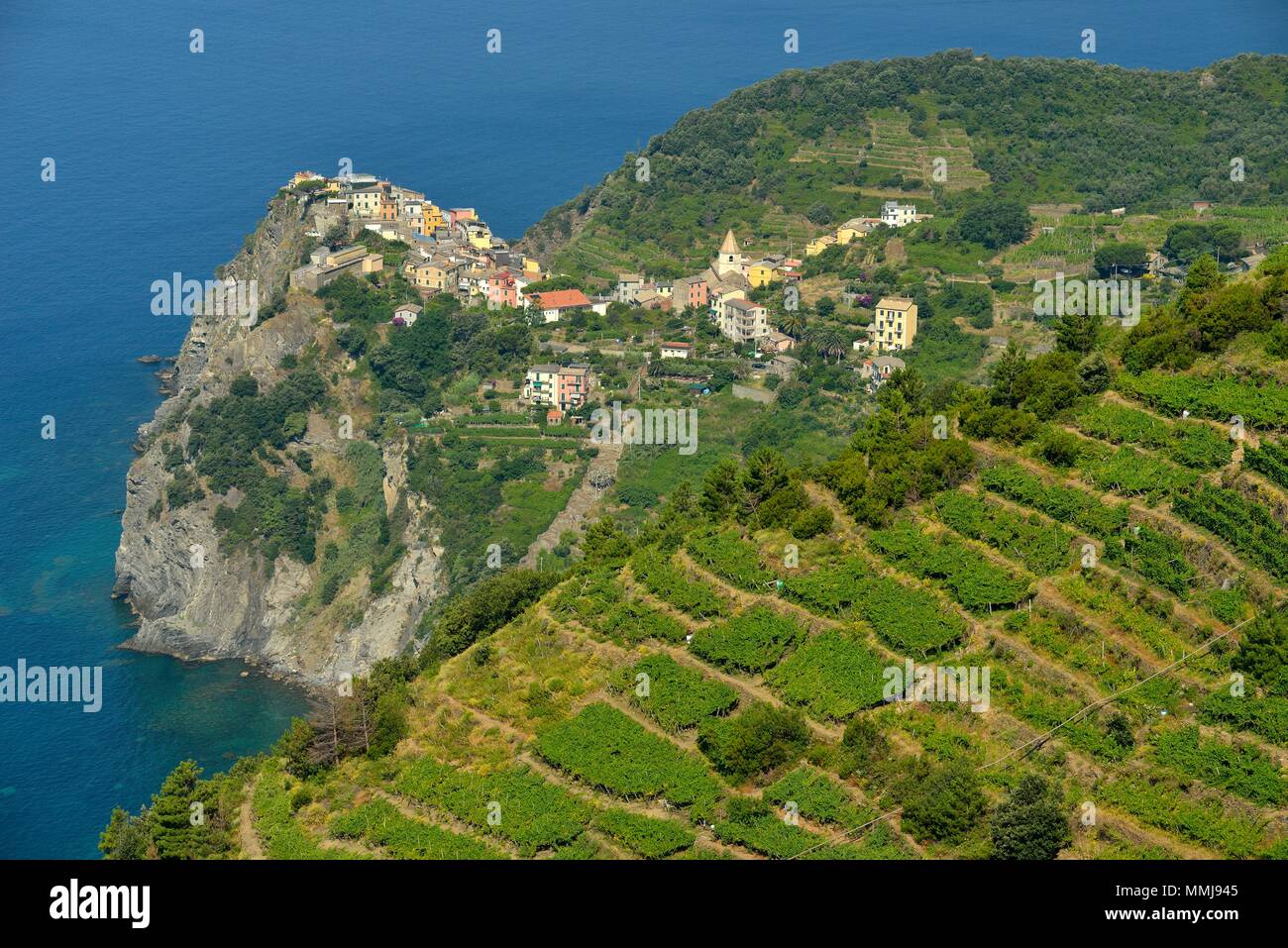 Aerial view of Corniglia and coastline, Cinque Terre, Liguria, Italian ...