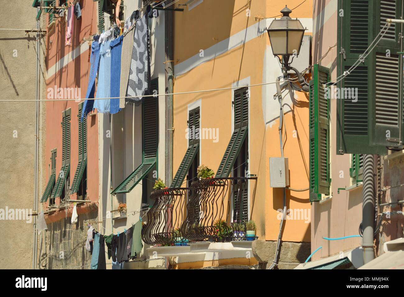 Decks and shuttered windows in Vernazza, Cinque Terre, Liguria, Italian ...