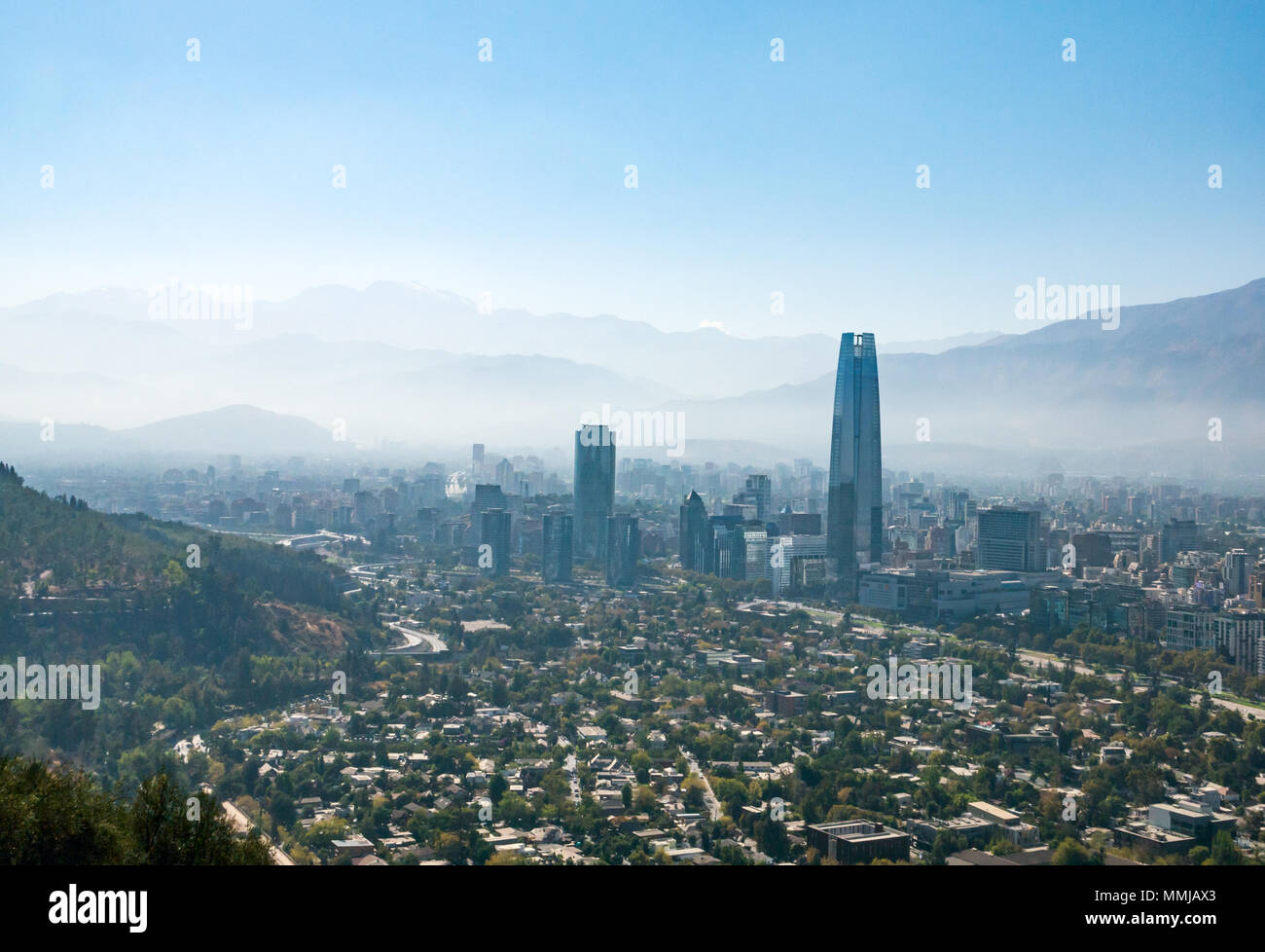 Cityscape view of Great Santiago Tower and Andes foothills from San ...