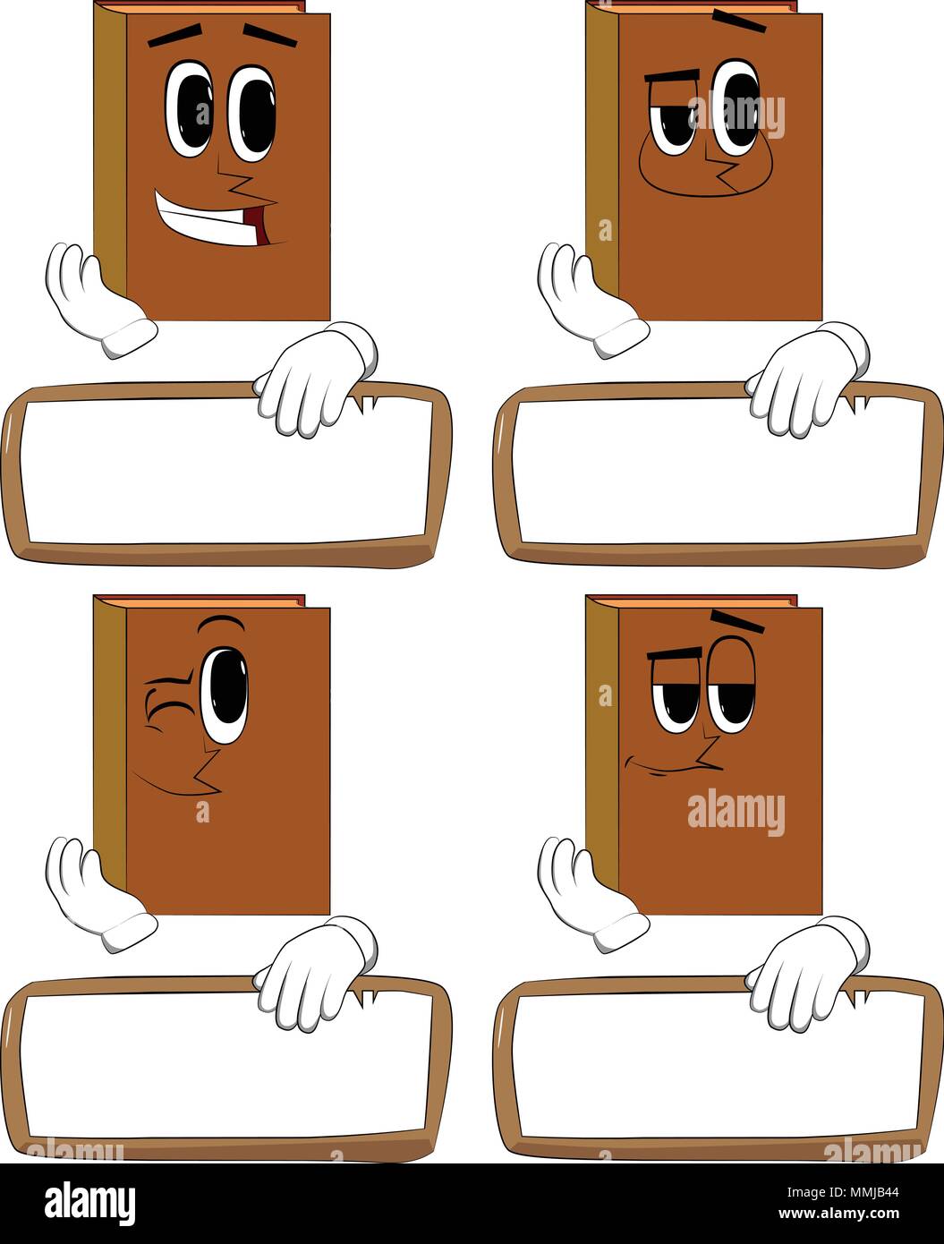 Books with blank paper on wood. Cartoon book collection with happy ...