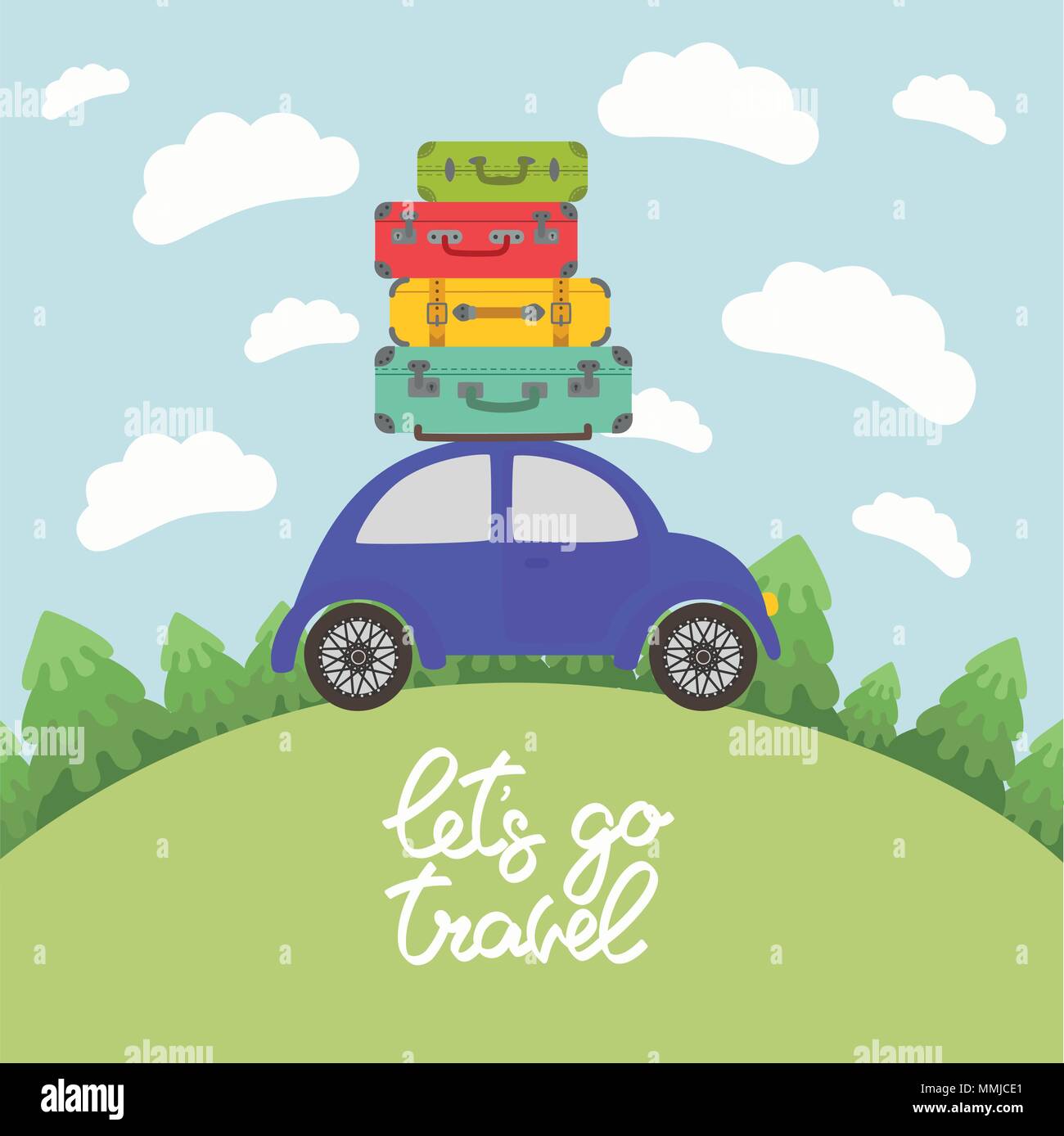 Blue car with luggage on the roof for long vacation road trip Stock ...