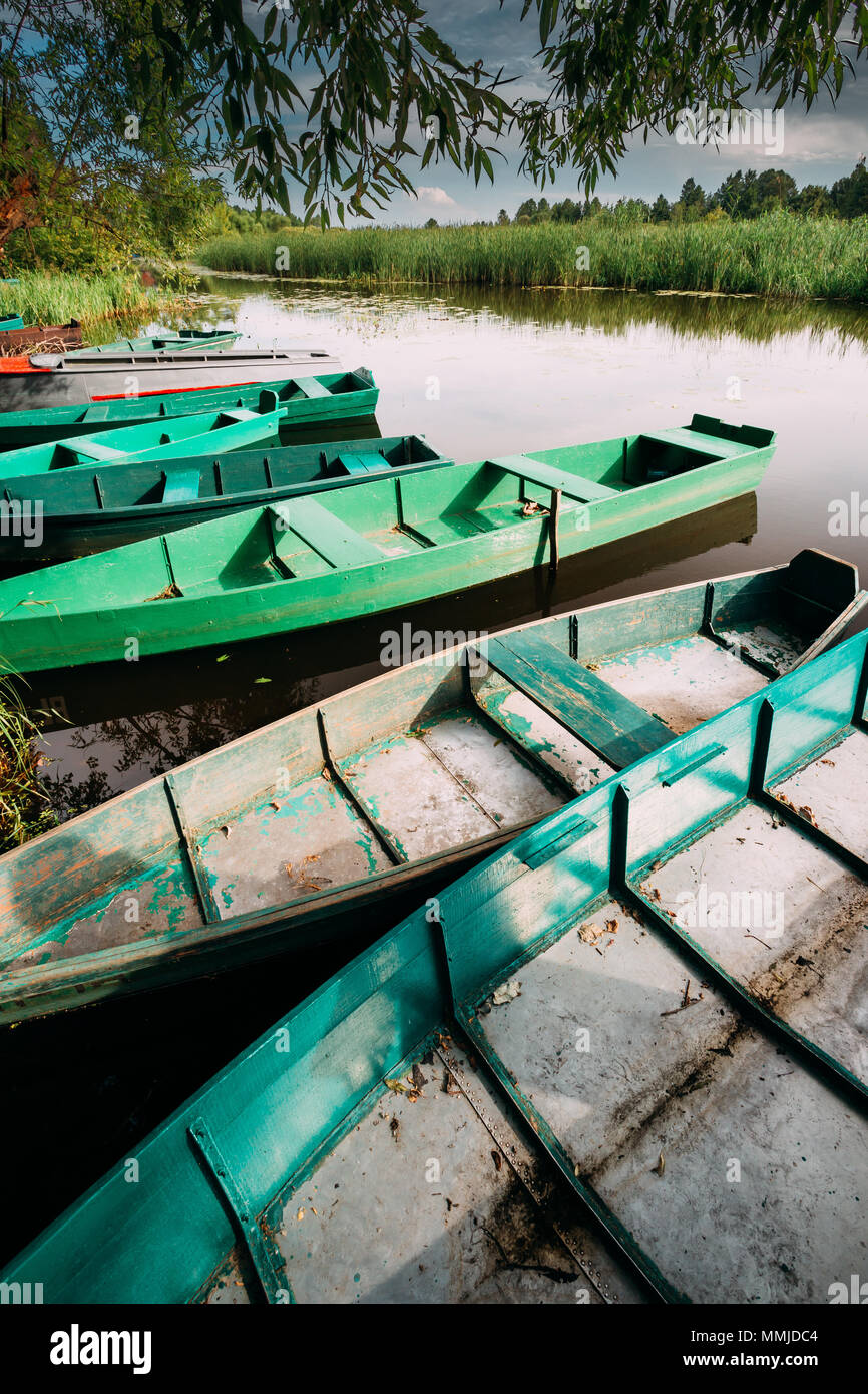 Autumn River And Old Green Rowing Boats. Russian Landscape, Nature ...