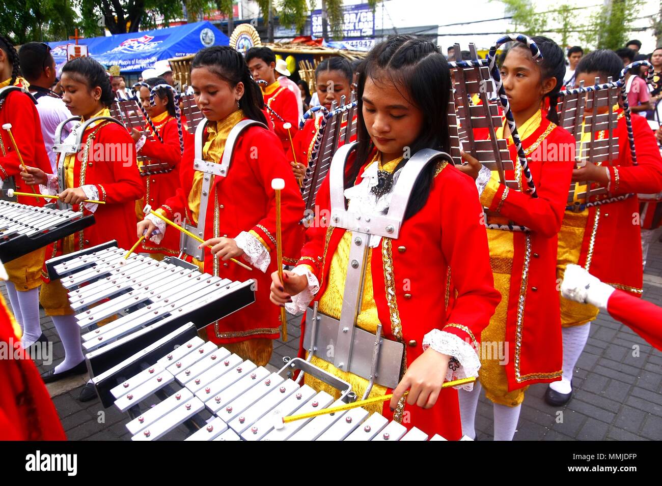 ANTIPOLO CITY, PHILIPPINES - MAY 1, 2018: Members of a marching band ...