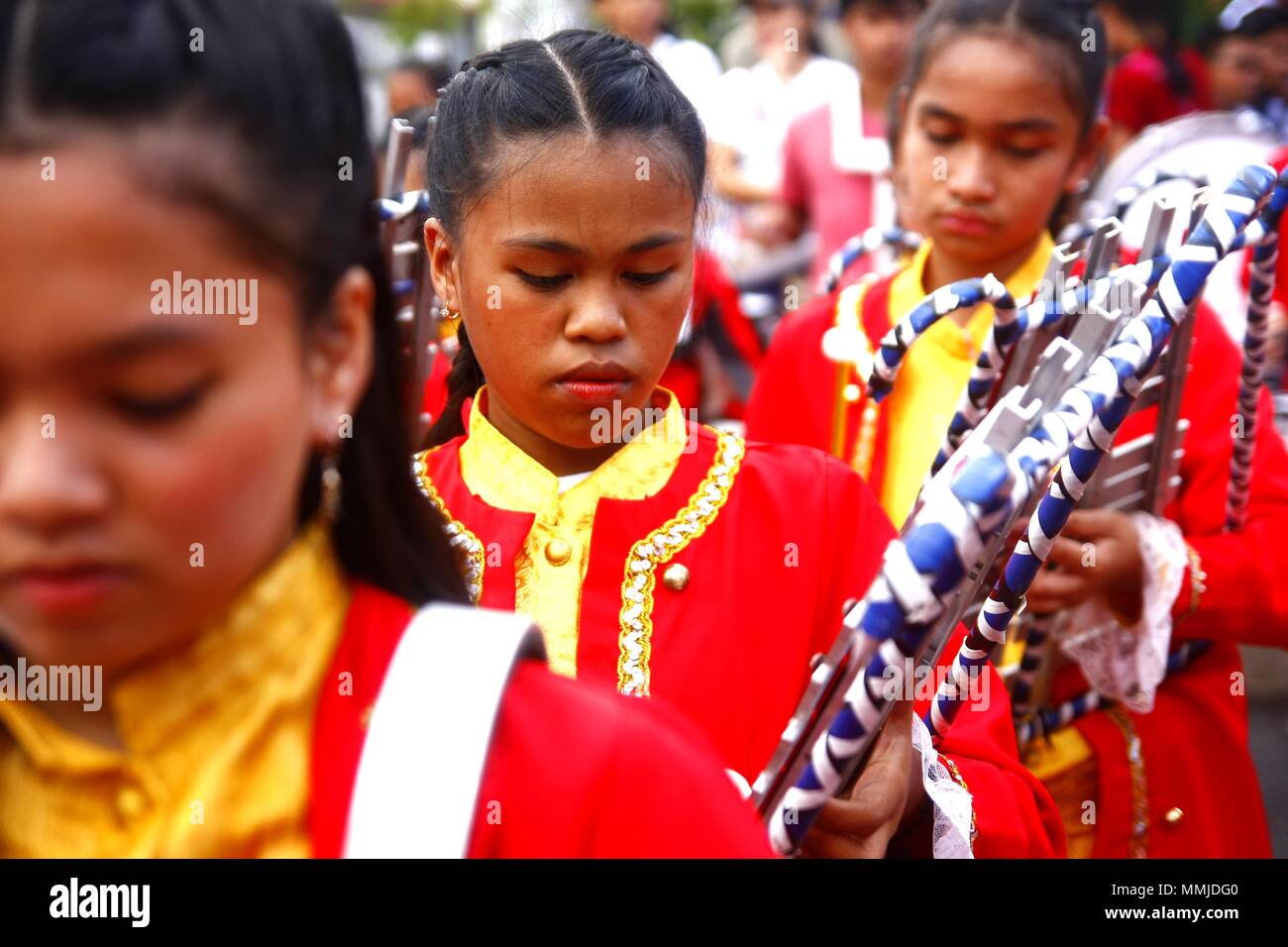 ANTIPOLO CITY, PHILIPPINES - MAY 1, 2018: Members of a marching band ...