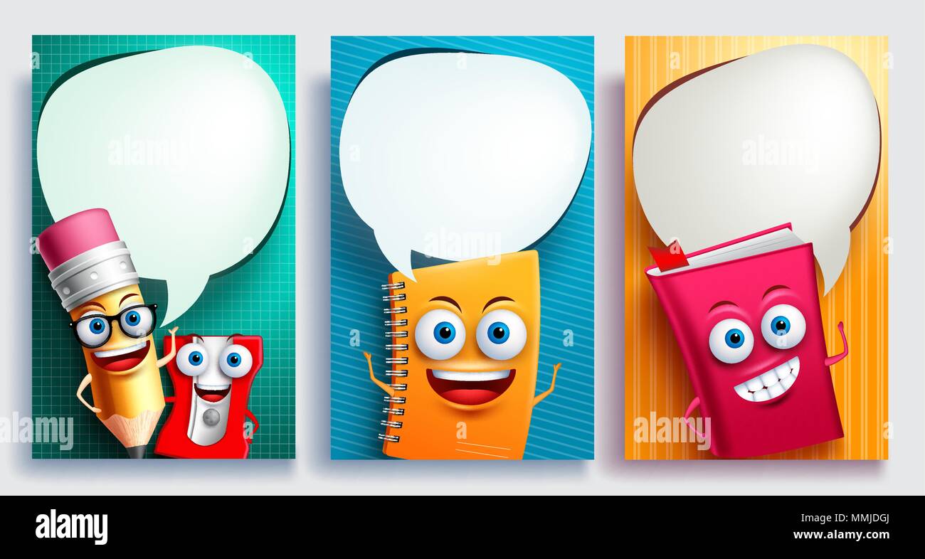 Education characters vector poster set with empty white speech bubbles ...