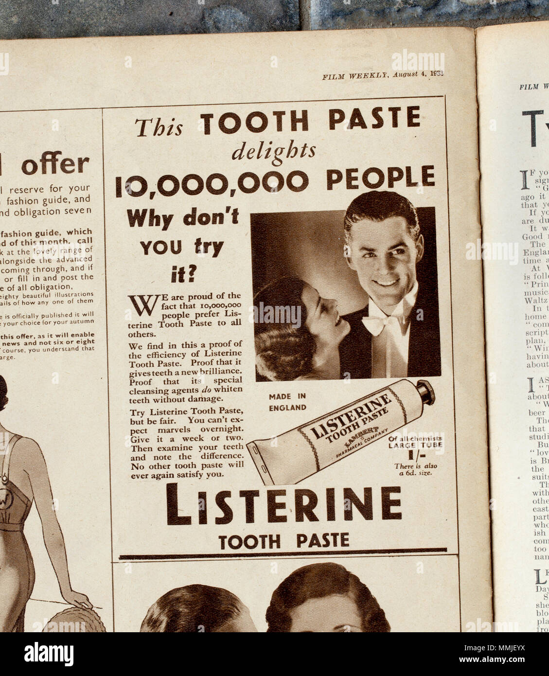 Listerine tooth paste advert in 1930s film weekly magazine hi-res stock ...